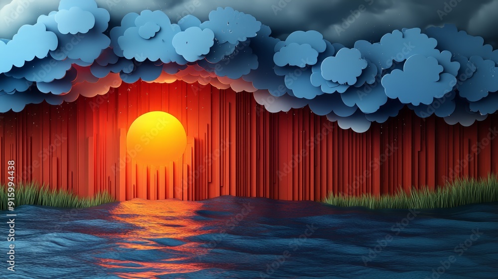 a sunset over water, featuring an oversized sun descending behind ...