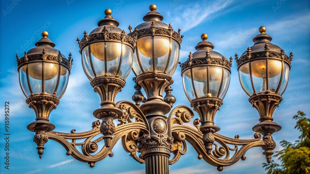 Vintage pole street light with intricate metal design and glass globes ...