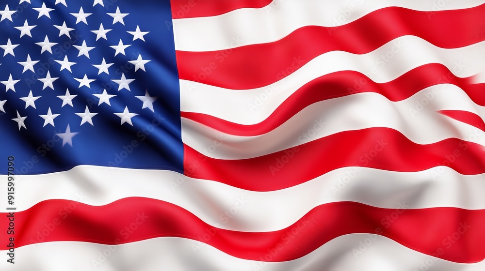 Detailed American flag in motion, vivid reds, whites, and blues ...