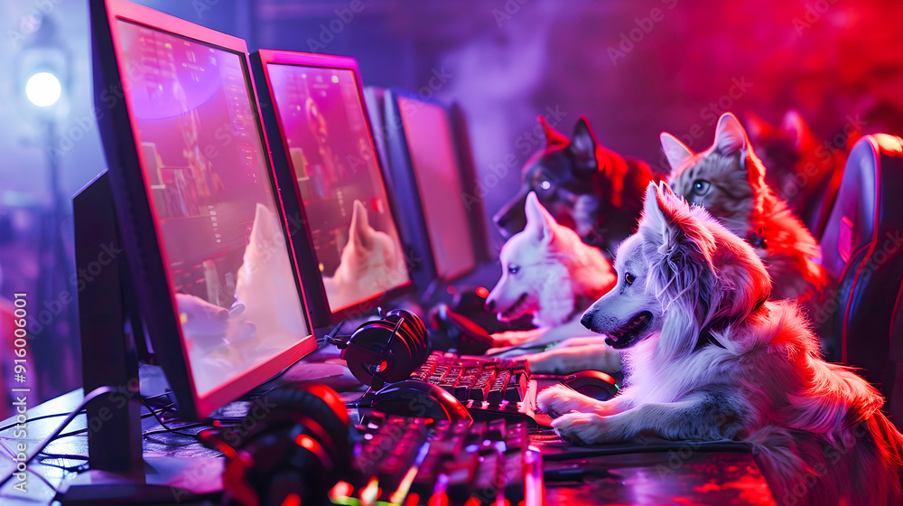A dynamic digital scene depicting an animal eSports team of dogs and ...