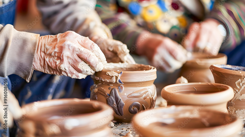 Group of elderly people engaging in pottery making and ceramics ...