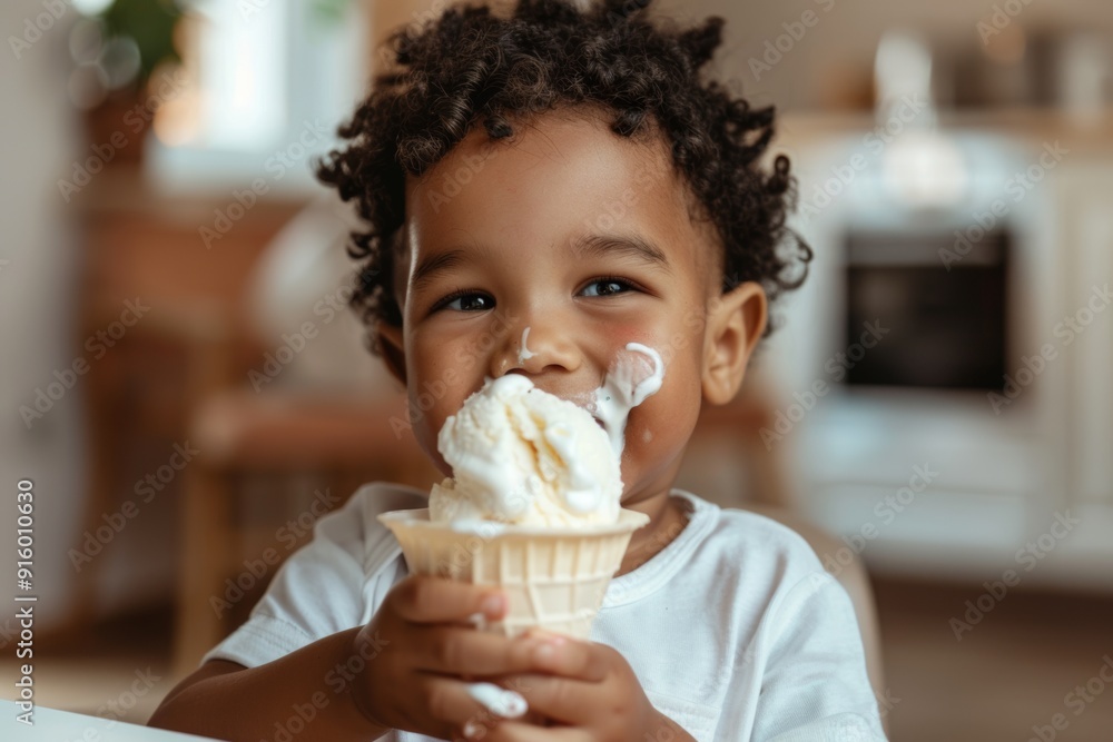 Young child beaming expression munching tasty treat. Child takes ...