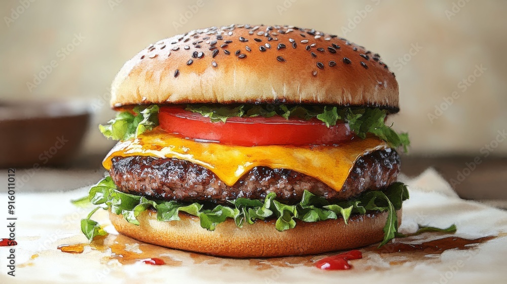 Realistic watercolor painting of a juicy burger featuring a grilled ...