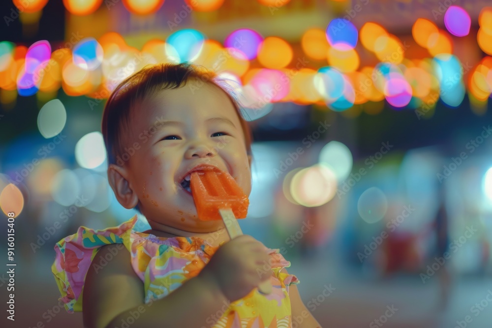 Radiantly smiling infant girl basking glowing summer sunshine. Laughing ...