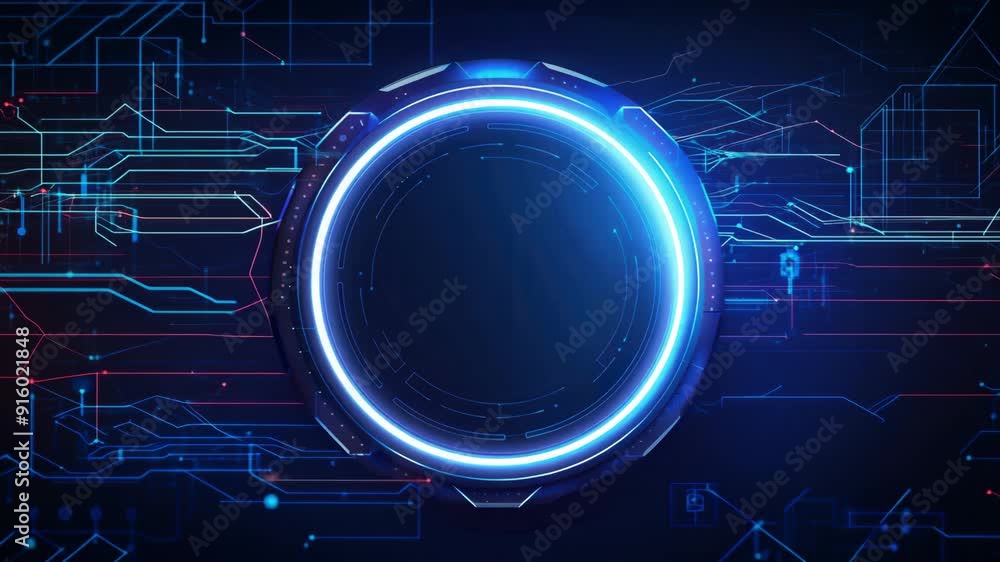 Futuristic blue circular design with glowing edges and digital circuit ...