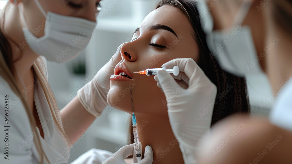 Beautician carefully administering chin filler injections, closeup on ...