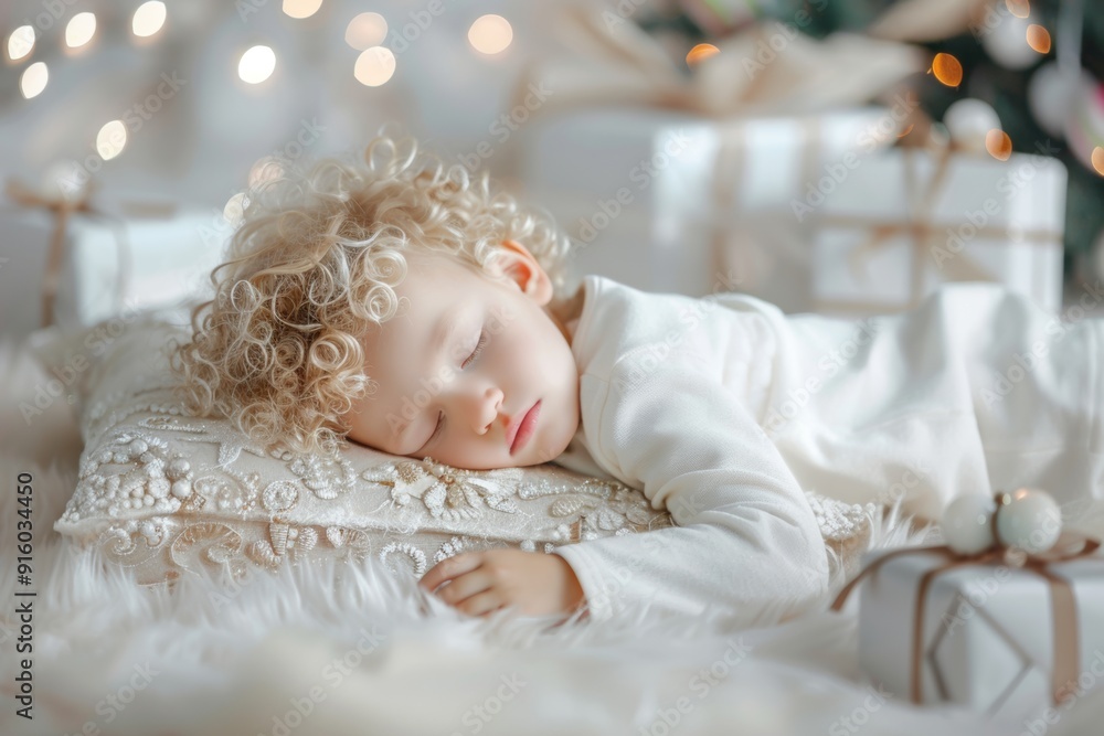 Gentle repose of curly-haired boy captures pure tranquility. Little boy ...