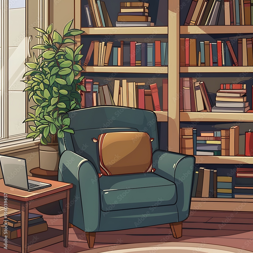 A cartoon depiction of a cozy office corner with a comfy chair, a ...