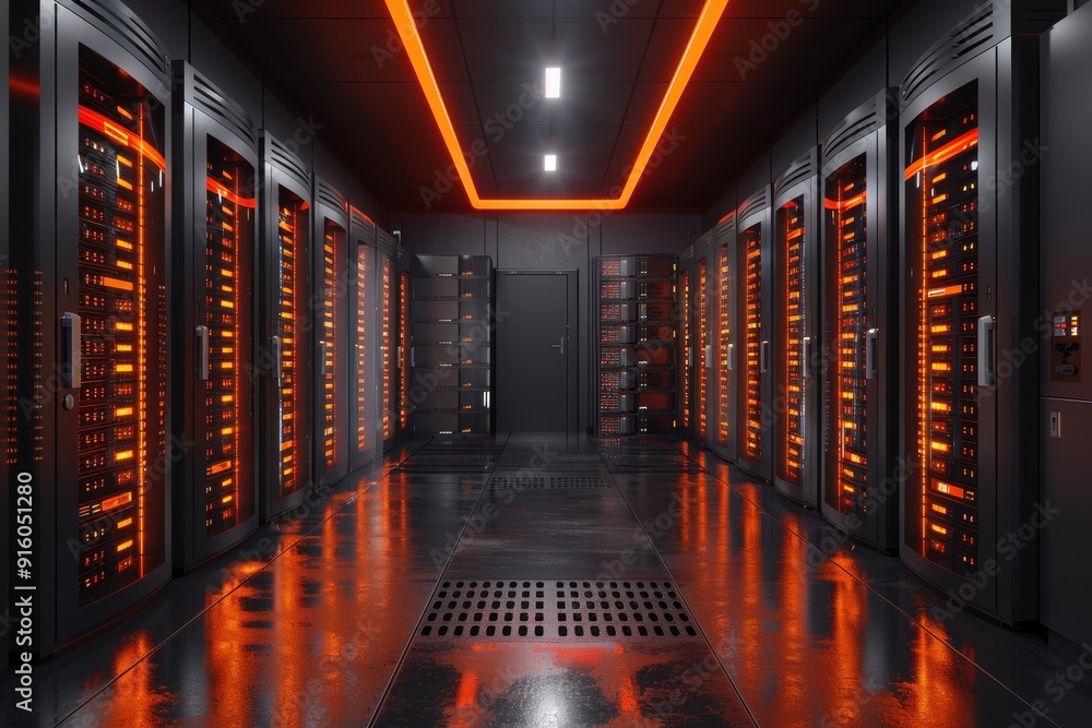 Abstract view of a modern server room with many rows of black server ...