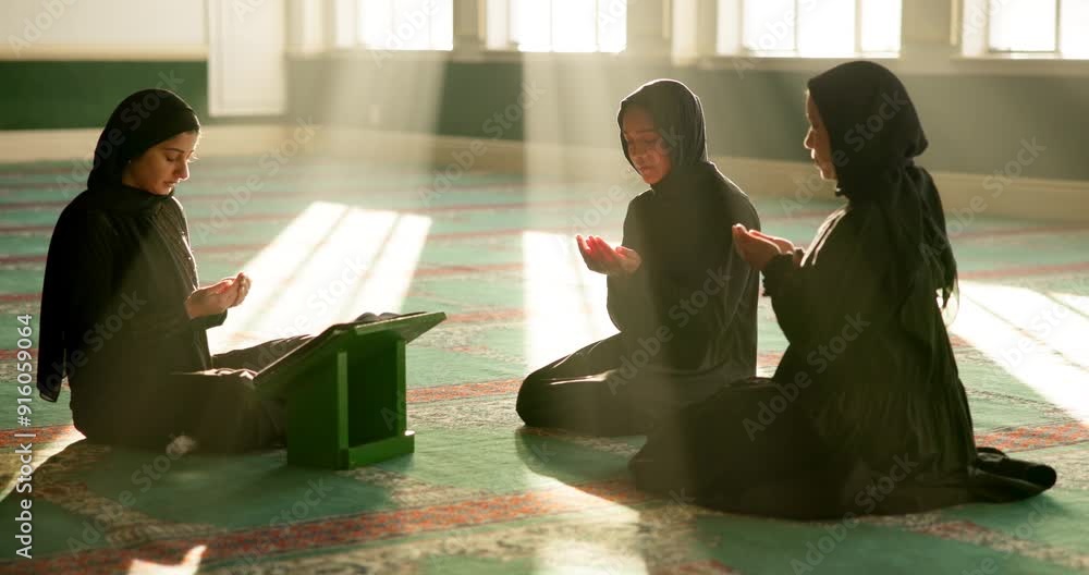 Muslim woman, praying and dua with group in mosque for teaching ...