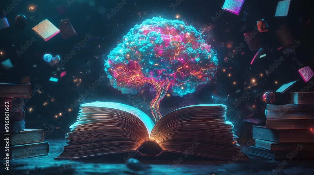 3d digital art of an open book with the pages turning into brain and ...