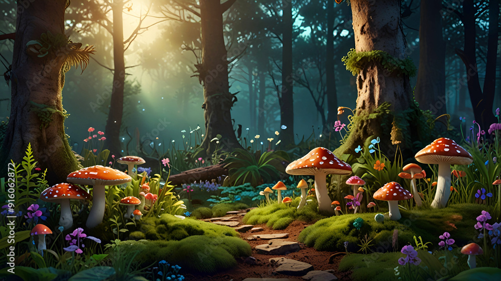 Fantastic wonderland forest landscape with mushrooms and flowers ...