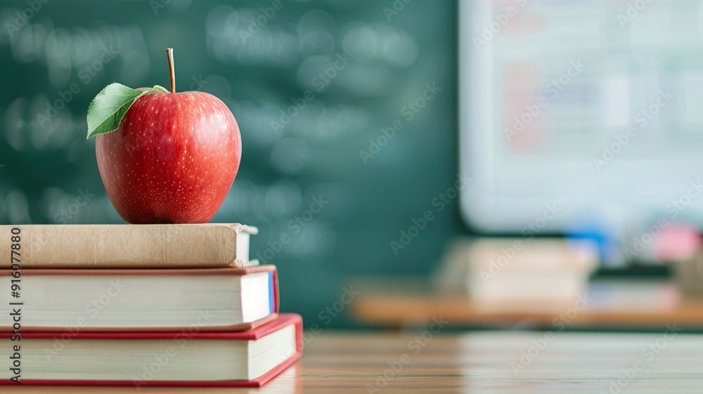 apple on desk with classroom setting in background. Back to school ...