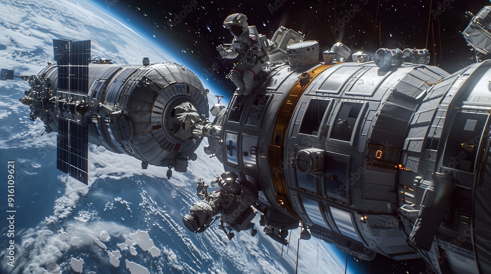 In the boundless expanse of space, astronauts diligently construct a space station. Their ...