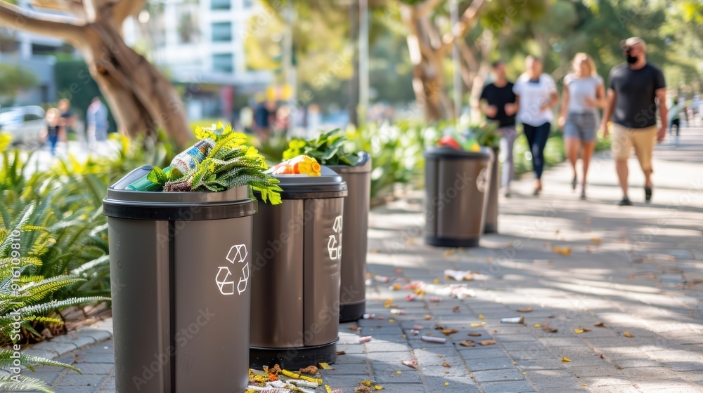 Recycling bins are scattered along a park pathway with various types of ...