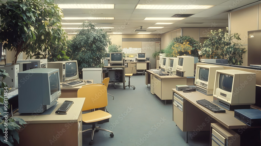 Vintage office with computer workstations and plants. Stock ...