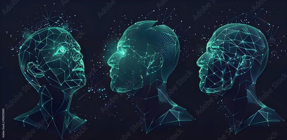 vector wireframe illustration of three different head shapes with a ...
