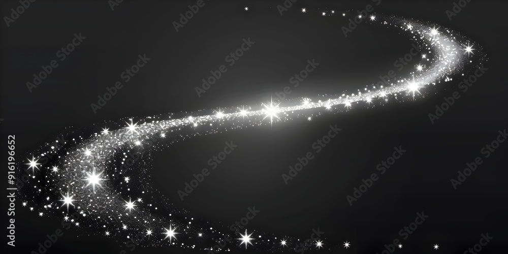 A single white glittery starry curved trail on a transparent background ...