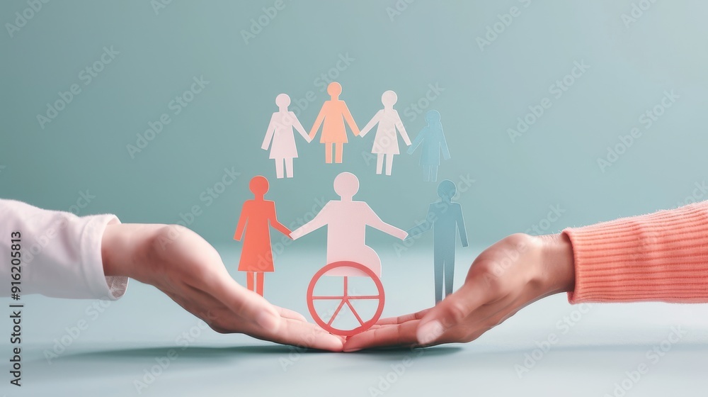 Hands supporting diverse figures and a wheelchair, symbolizing unity ...