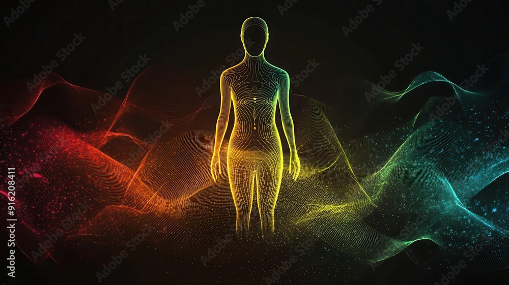 Abstract depiction of sound waves forming a human silhouette, Sound ...