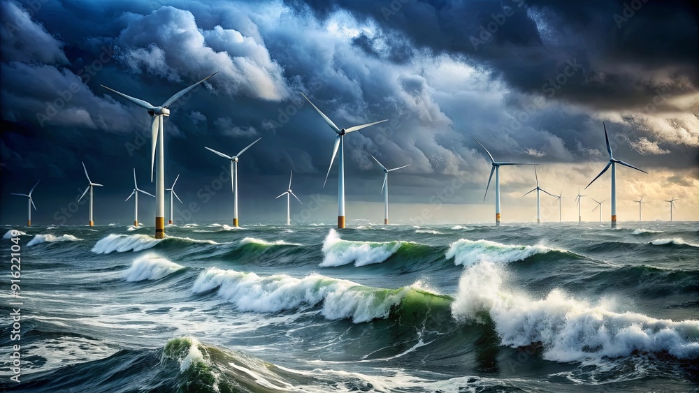 Offshore wind power and energy farm with many wind turbines on the ...