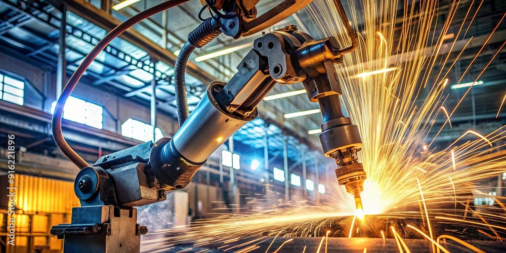Robotic arm moving gracefully with sparks flying in steel manufacturing ...
