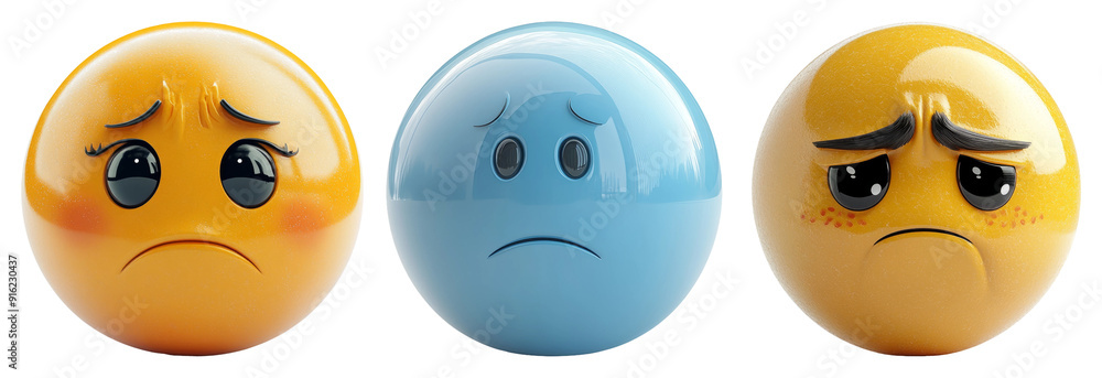 Three sad emoticons with different facial expressions, isolated on ...