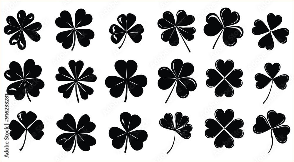 Set of three and four leaf silhouettes, Four and three leaf clovers ...