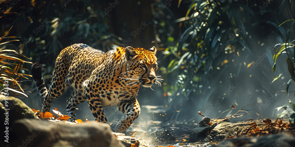An African leopard with fangs in a jump hunts at sunset in a shroud on ...