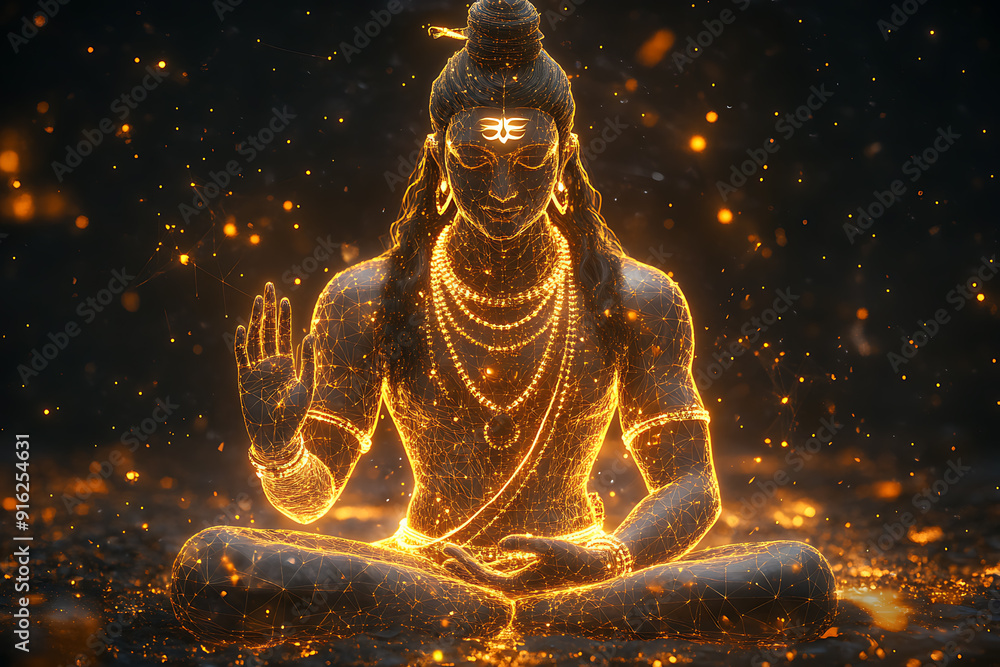 Shiva in a meditative pose, depicted as a wireframe with glowing lines ...