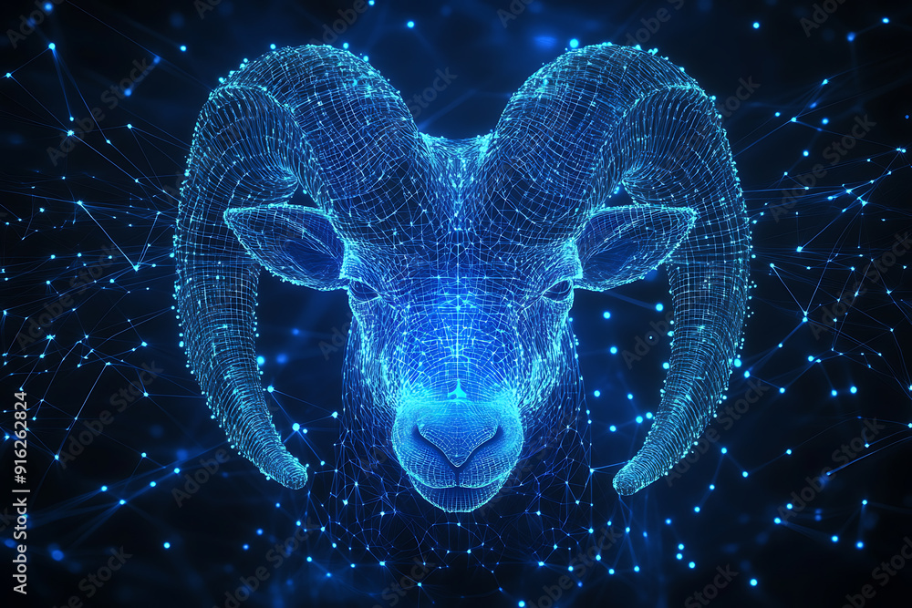 Digital wireframe polygon of the Aries zodiac sign, showcasing the ...