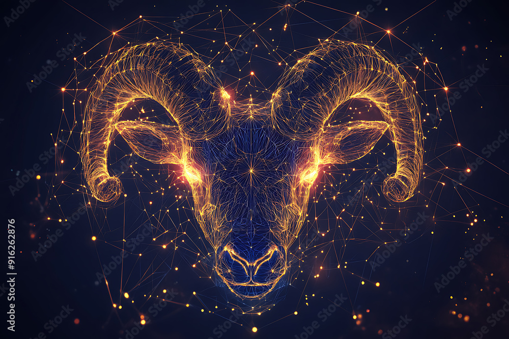 Digital wireframe polygon of the Aries zodiac sign, showcasing the ...