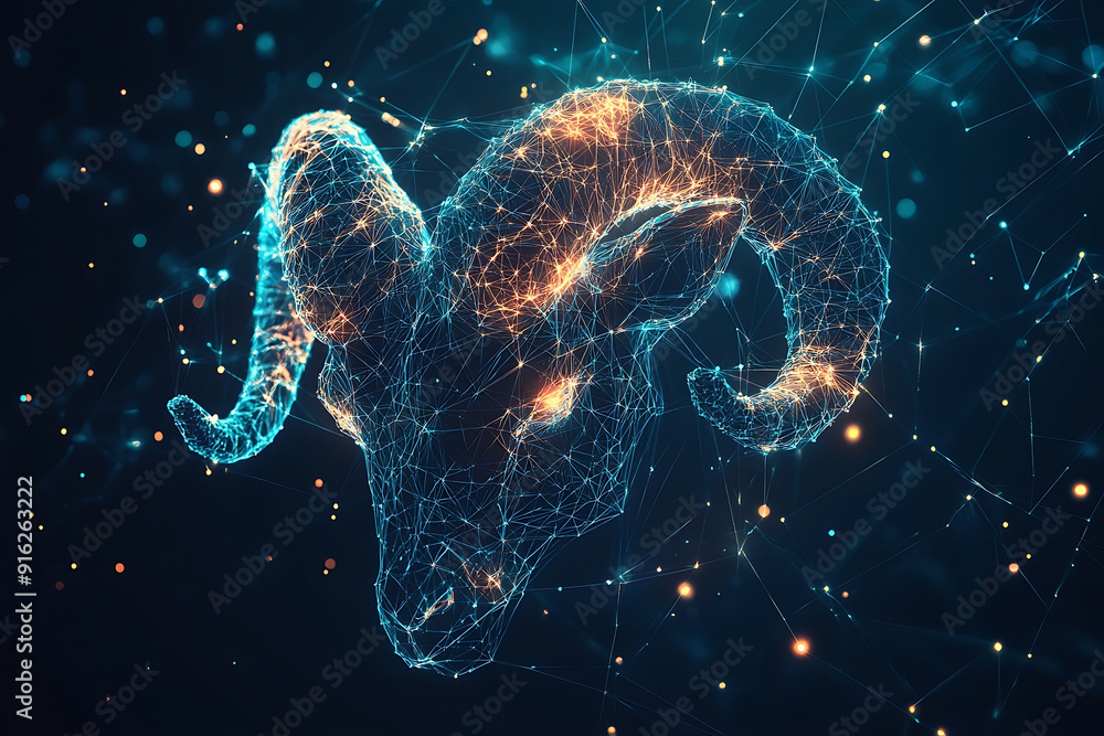 Digital wireframe polygon of the Aries zodiac sign, showcasing the ...