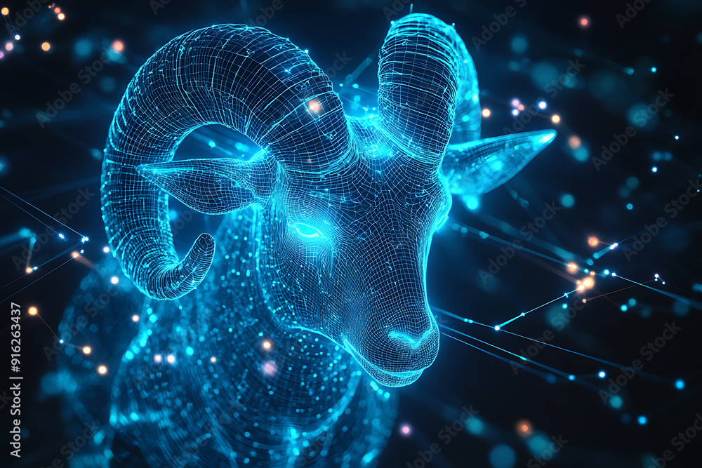 Digital wireframe polygon of the Aries zodiac sign, showcasing the ...