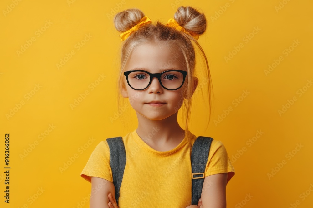 Confident girl, 7 years old, with blonde hair in double buns, wearing ...