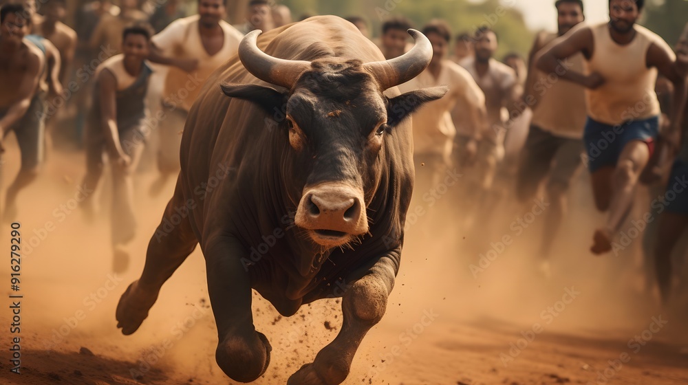 Intense moment of a traditional bull race with participants running ...