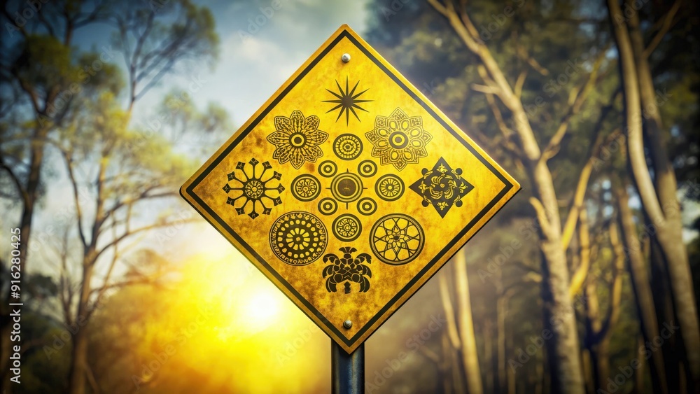 Mysterious yellow sign with intricate symbols and designs, mystery ...