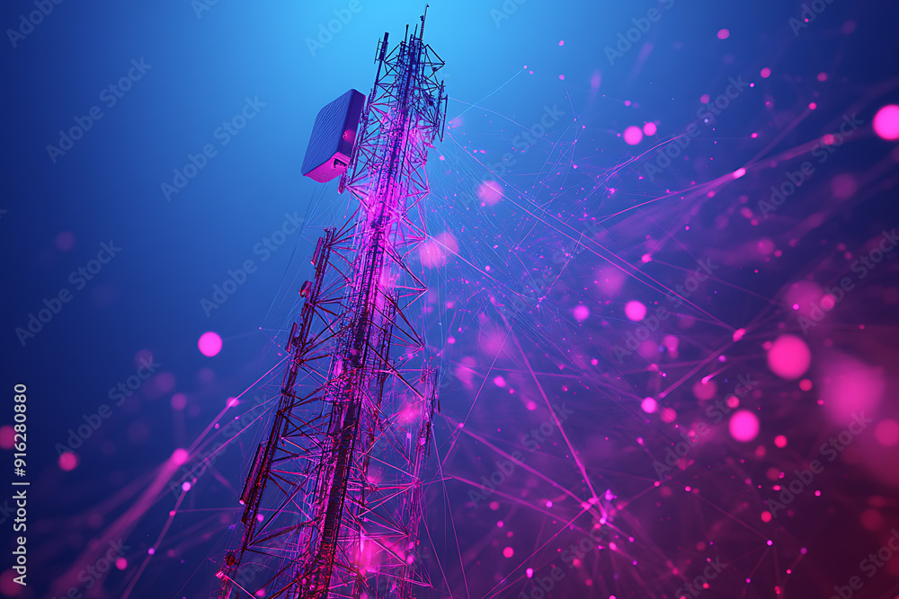 3d base station receiver. telecommunication tower 5g,6g polygonal design global connection ...