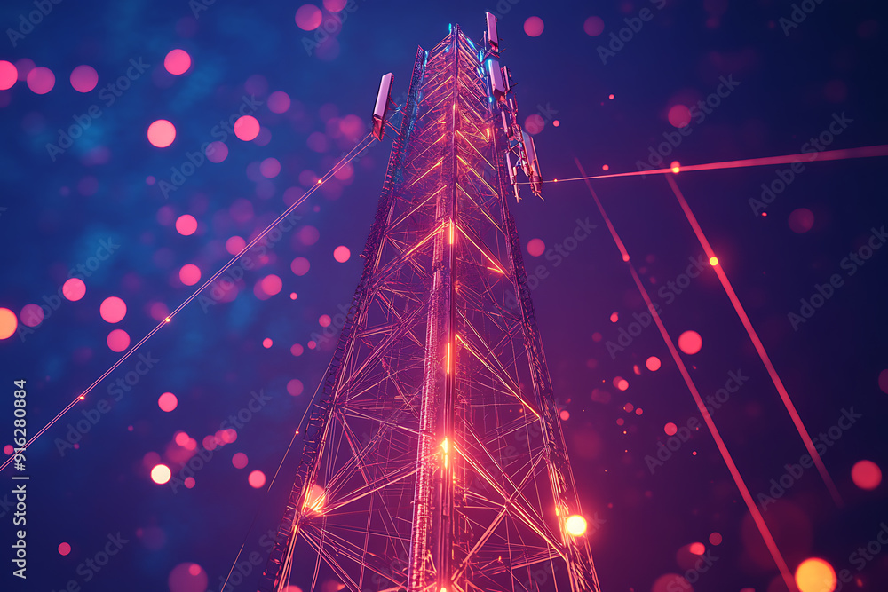 3d base station receiver. telecommunication tower 5g,6g polygonal design global connection ...