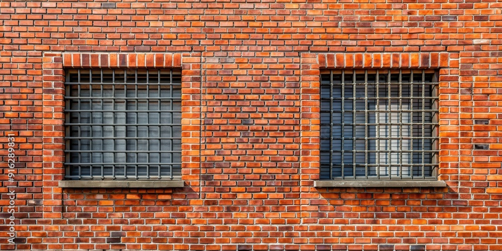 Red brick exterior wall with two windows covered by metal gratings, red ...