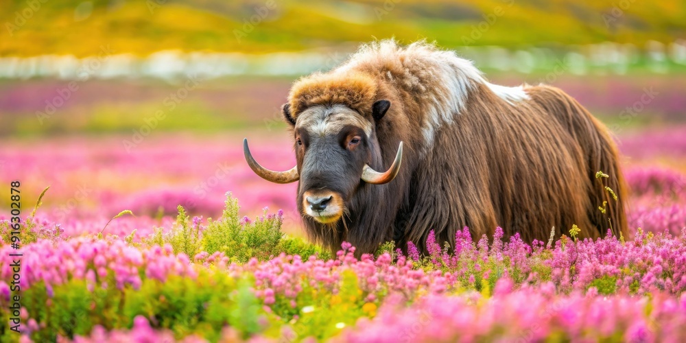 Wild Musk Ox grazing on wild flowers and fireweed in Prudhoe Bay Alaska ...