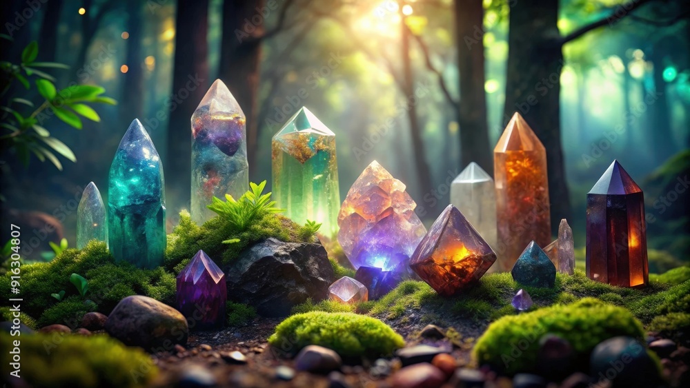 Enchanted forest scene with a vibrant collection of colorful crystals ...