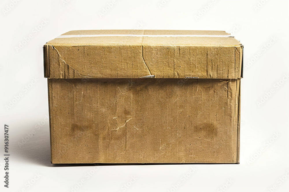 Worn cardboard box with visible creases and slight damage on the ...