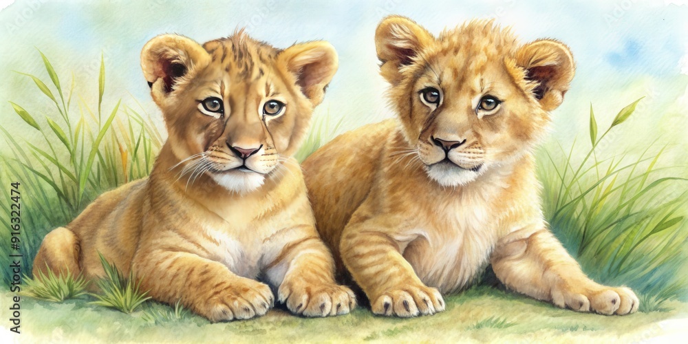 Watercolor of cute lion babies, brother and sister playing together in ...