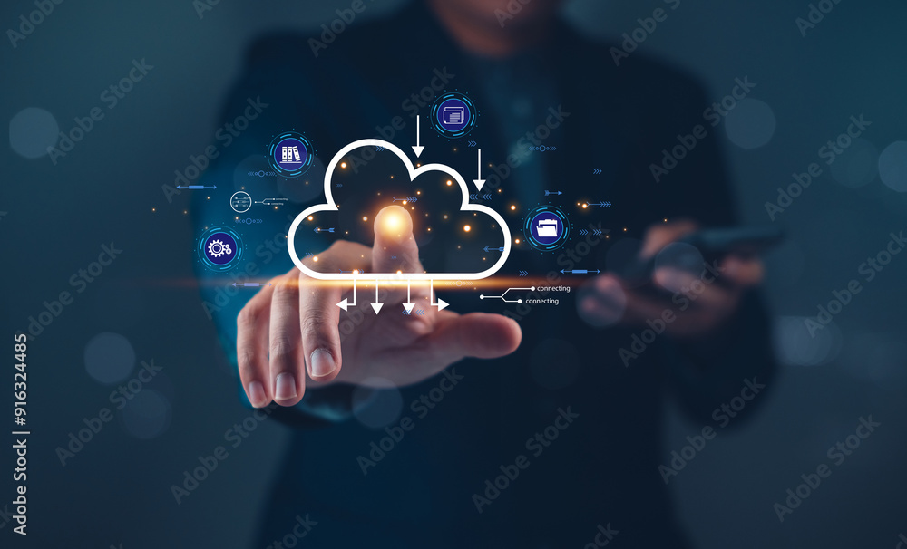 Hand interacting with cloud computing interface and data icons. Concept ...