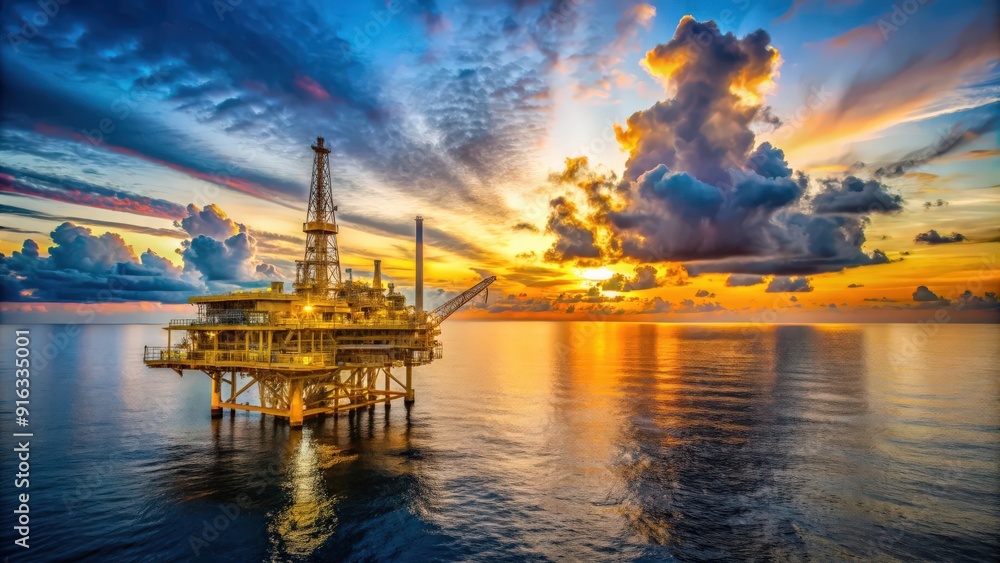 Offshore oil and gas rig platform with a stunning sky in the Gulf of ...