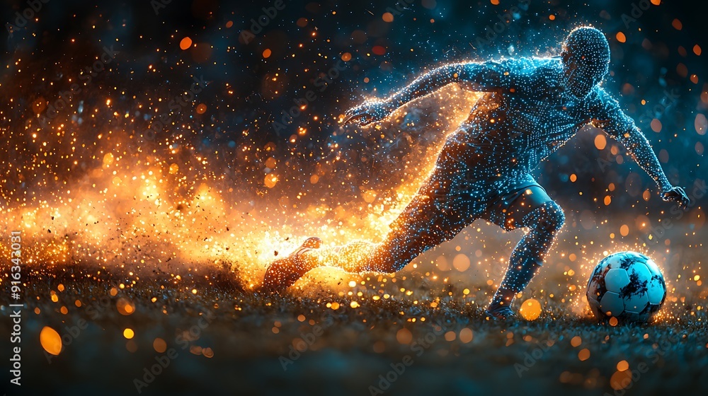Blue digital soccer player with glowing data, artificial intelligence ...