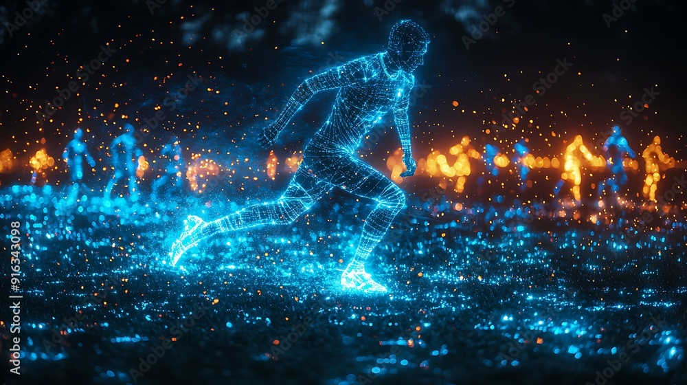 Blue digital soccer player with glowing data, artificial intelligence ...
