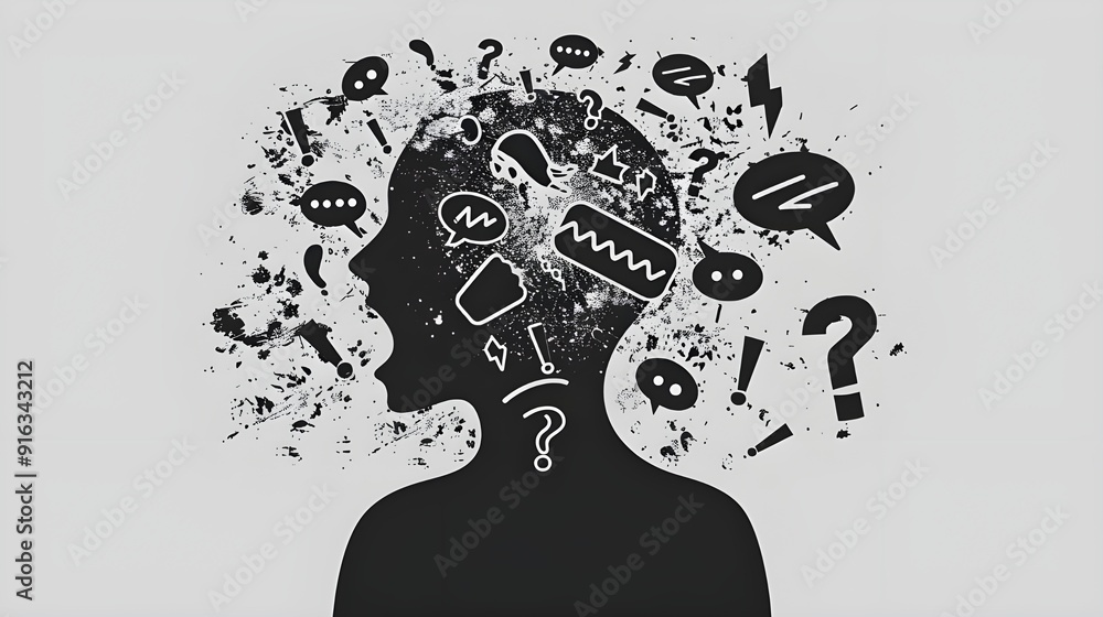 head filled with speech bubbles, exclamation marks and question marks ...