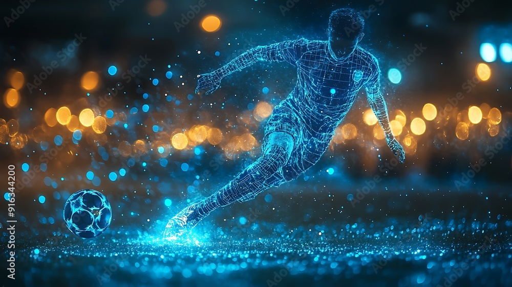 Blue digital soccer player with glowing data, artificial intelligence ...